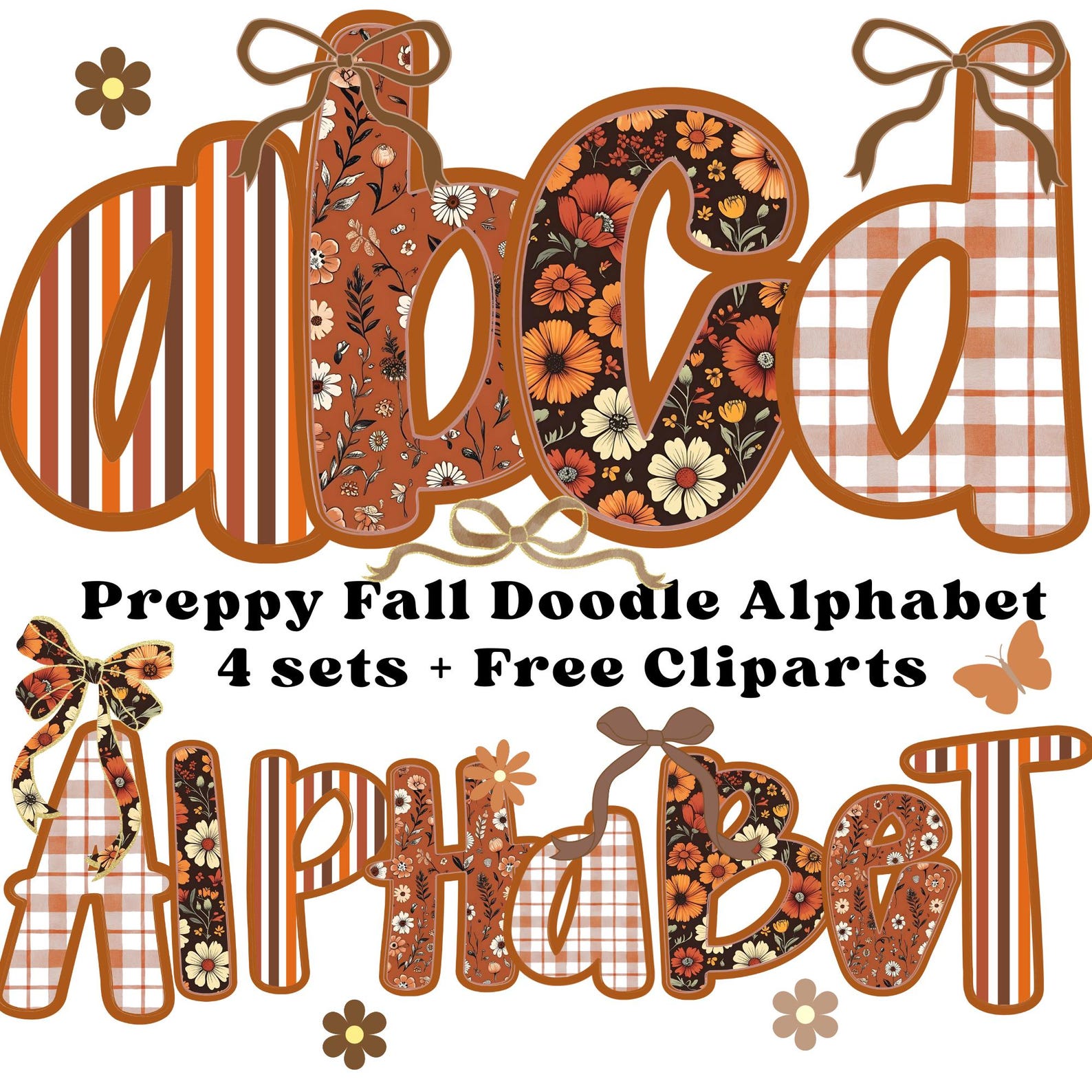 Grandmillennial Fall Alphabet PNG, Preppy Autumn Doodle Letters, Floral ...