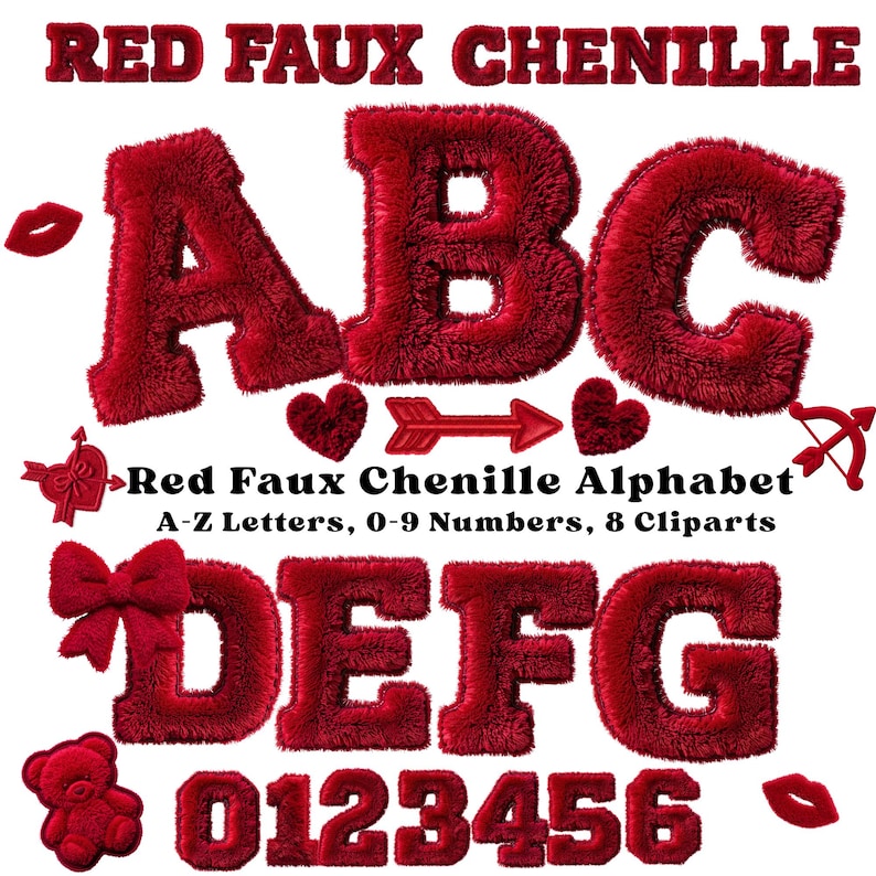 Red Faux Chenille Embroidery Alphabet Font PNG, Plush Letters, Numbers ...