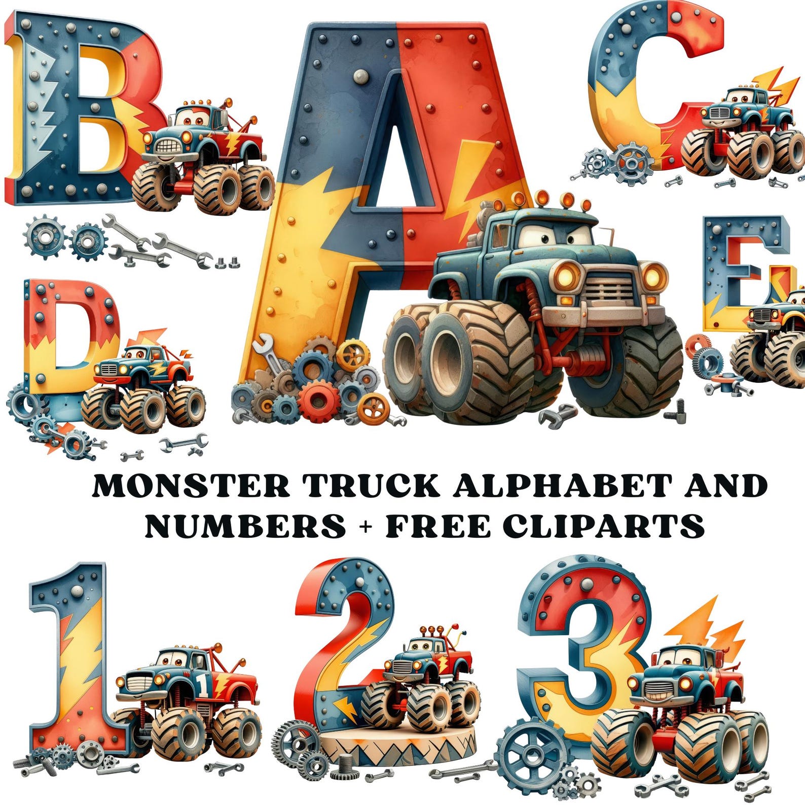 Monster Truck Alphabet PNG Bundle, Numbers Clipart, Boys Birthday ...