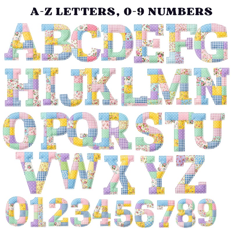 Faux Embroidered Alphabet PNG Bundle, Faux Quilted Patchwork Letters ...