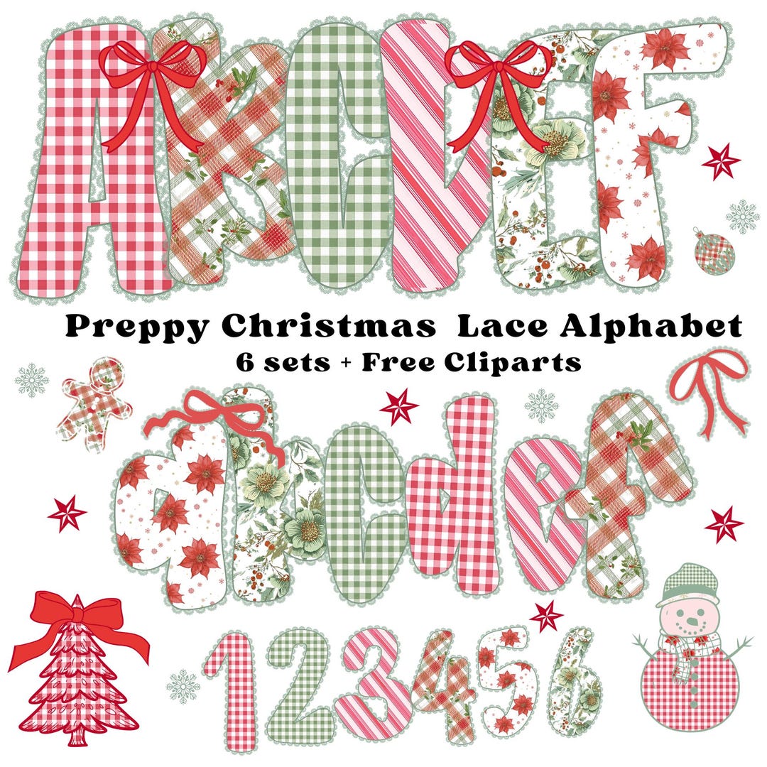Lace Christmas Alphabet Bundle PNG, Red Green Doodle Letters, Gingham ...