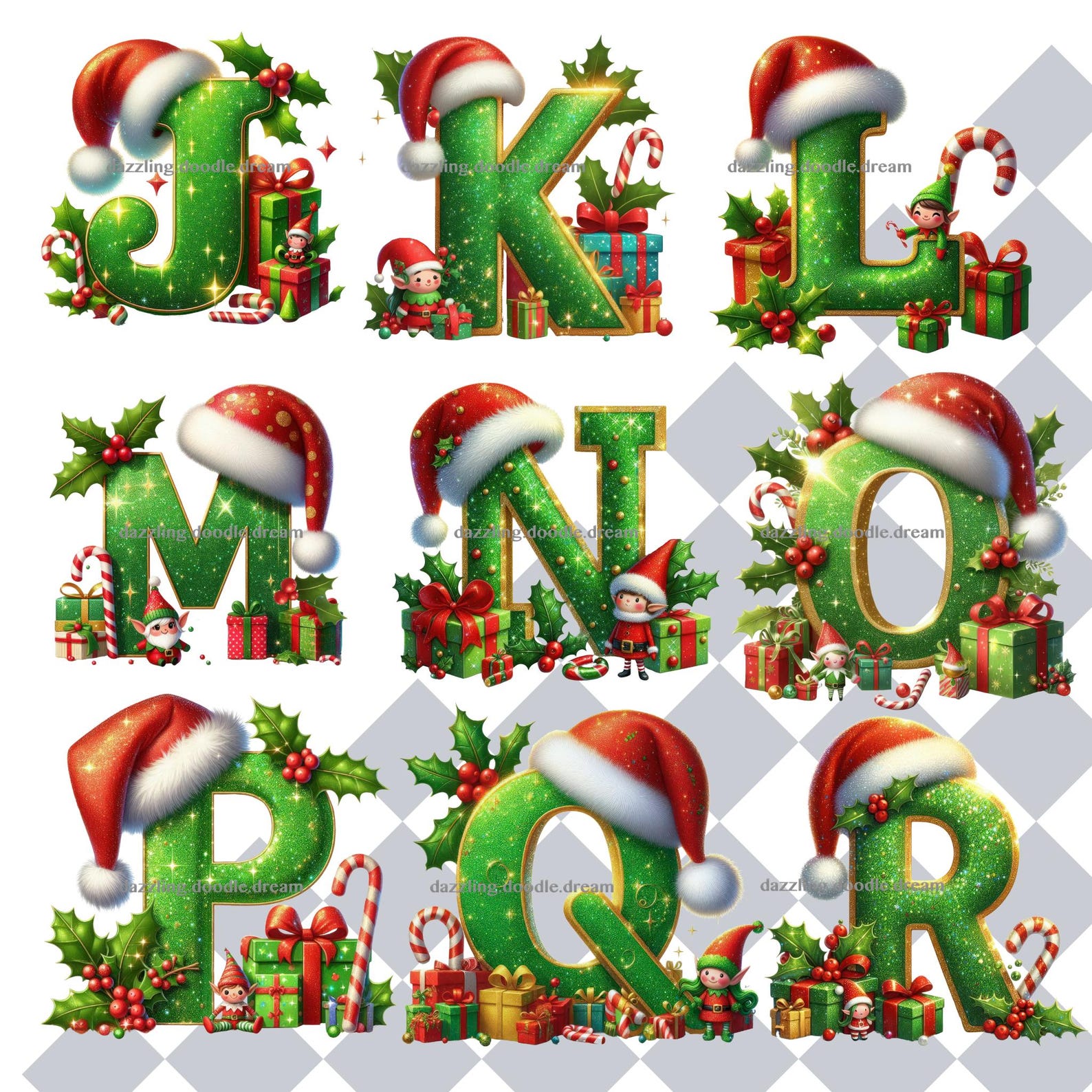 Christmas Elf Alphabet PNG: Glitter Green & Gold Letters (digital ...