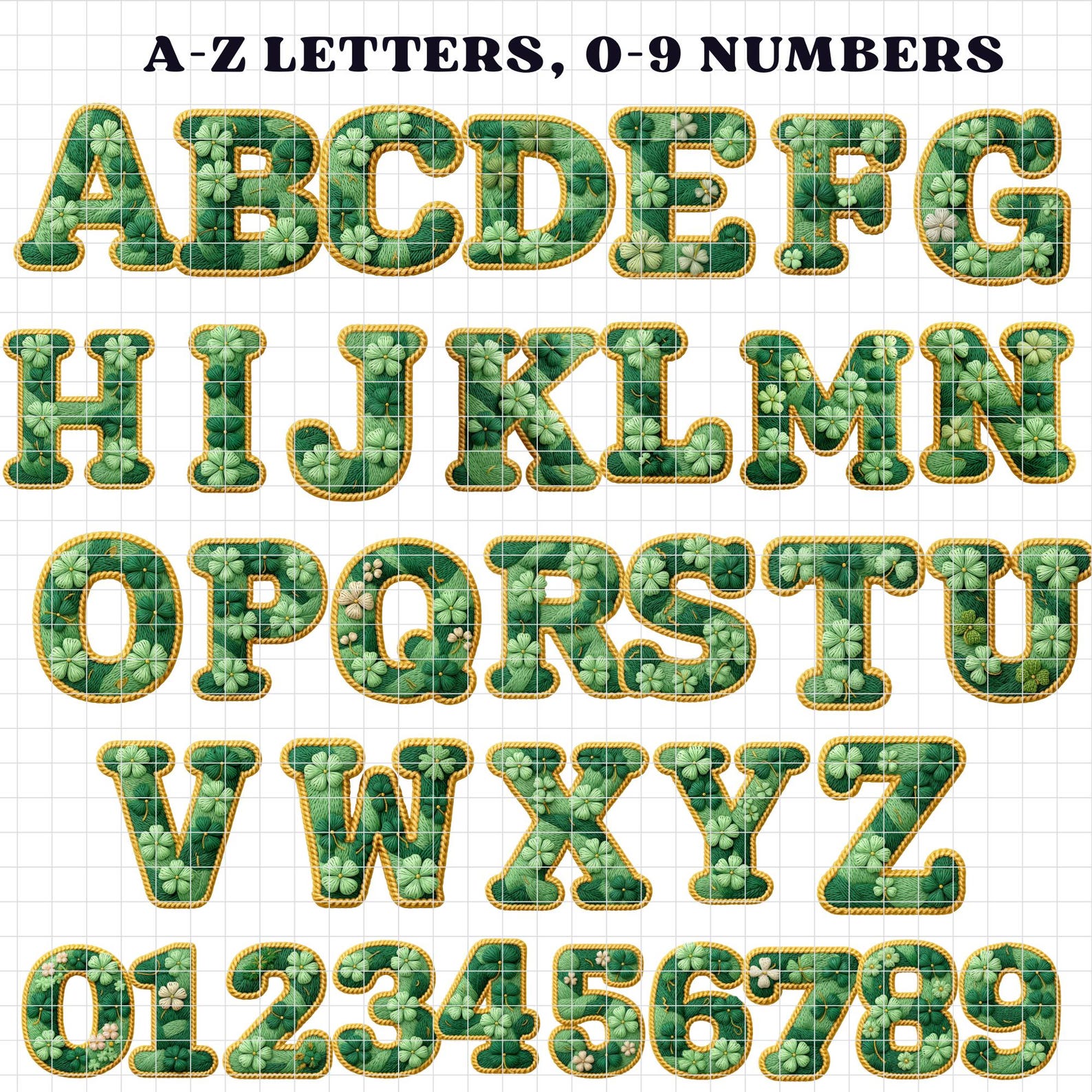 St Patricks PNG Faux Yarn Alphabet With Clover and Shamrock Accents, St ...