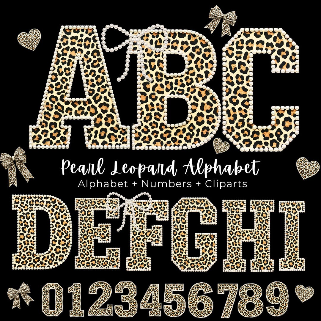 Leopard Pearl Alphabet PNG Bundle, Pearl Outline Letters & Numbers ...