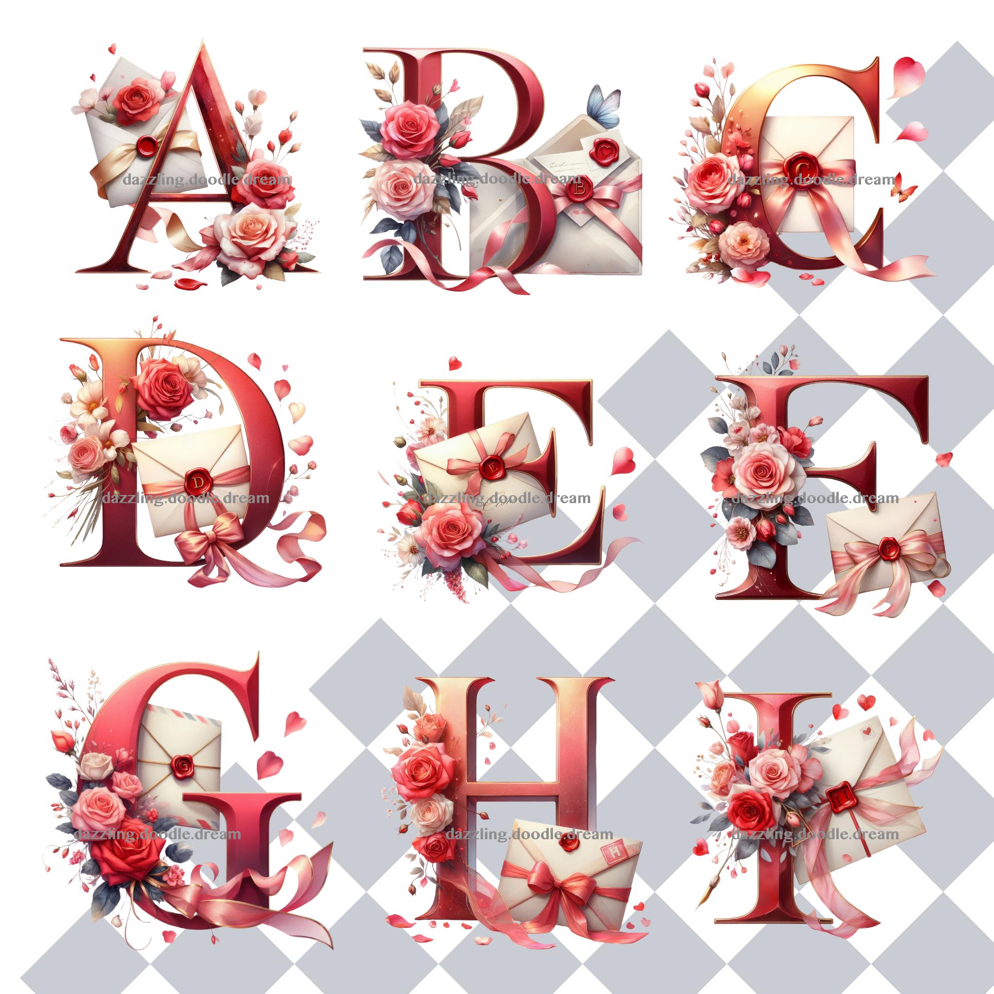 Valentines Floral Alphabet Clipart: Romantic Love Letters (PNG) - Etsy