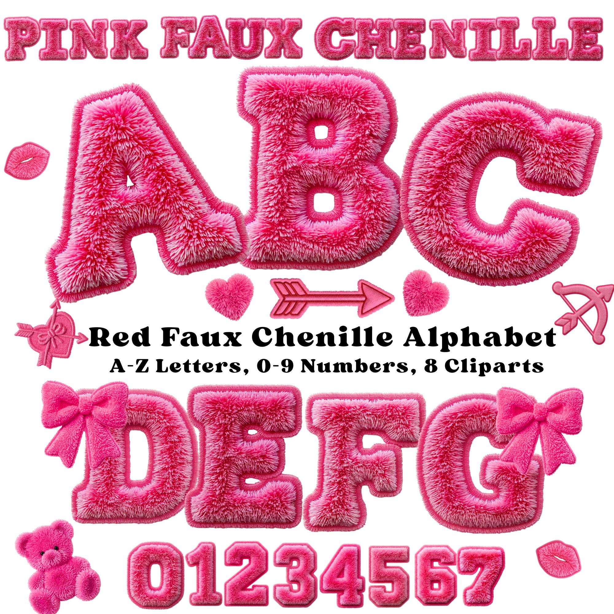 Pink Faux Chenille Embroidery Alphabet Font PNG, Plush Letters, Numbers ...