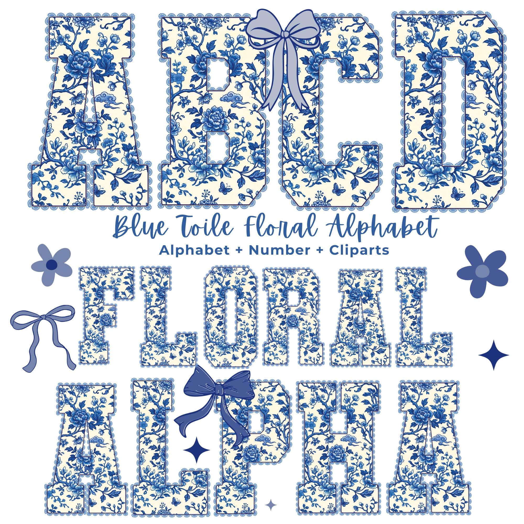 Floral Letters Blue Toile Alphabet PNG Bundle, Blue Chinoiserie Clipart ...