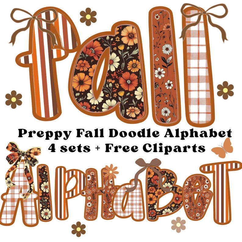 Grandmillennial Fall Alphabet PNG, Preppy Autumn Doodle Letters, Floral ...