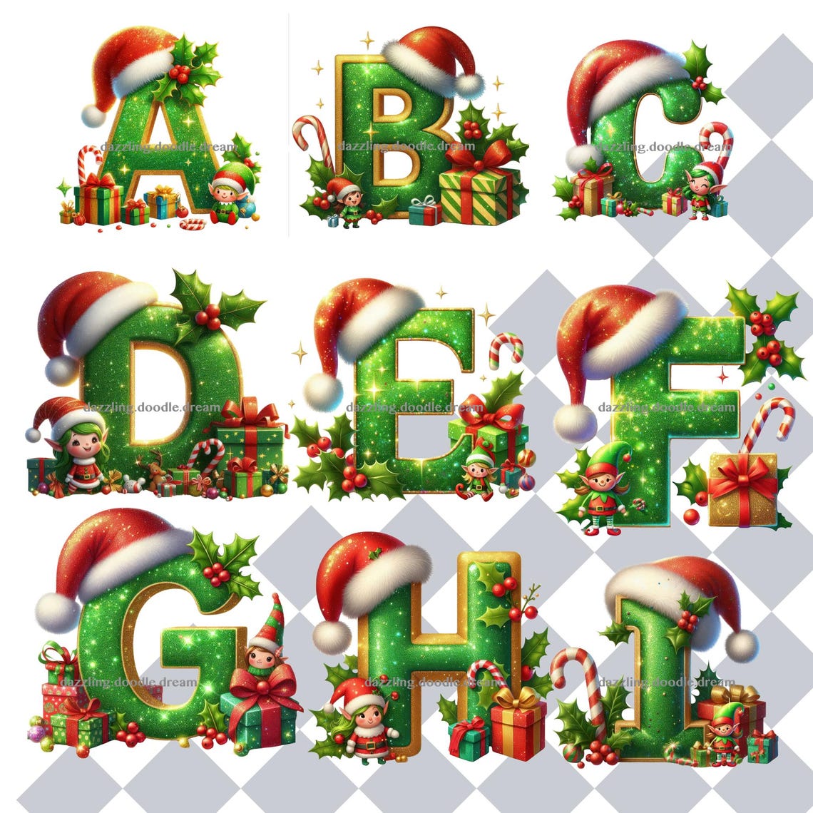 Christmas Elf Alphabet PNG: Glitter Green & Gold Letters (digital ...