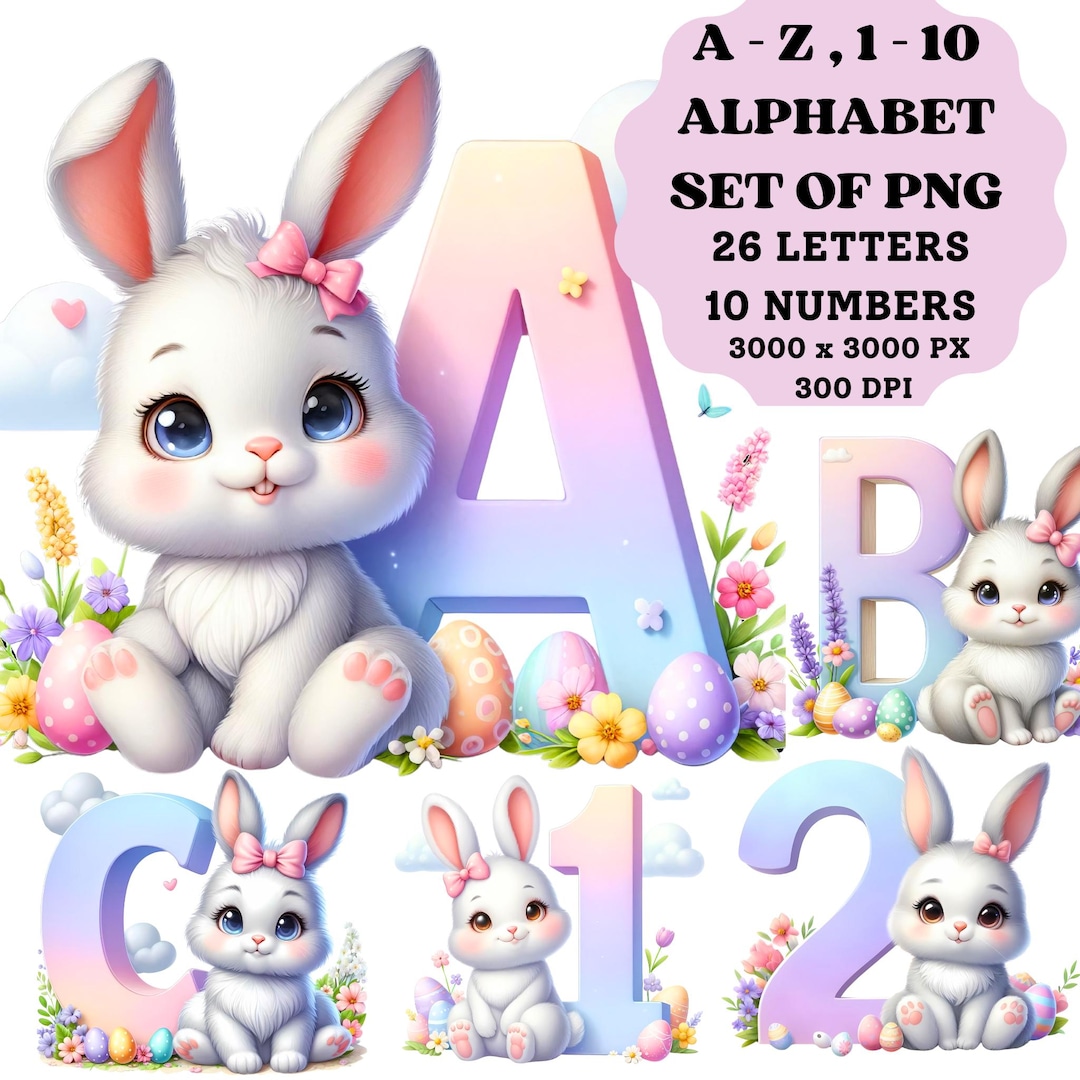 Watercolor Easter Bunny Alphabet Clipart: Kids Birthday Decor (PNG) - Etsy
