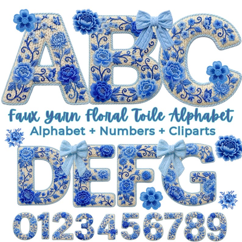Faux Yarn Blue Floral Toile Alphabet, ABC Alpha Pack Bundle ...