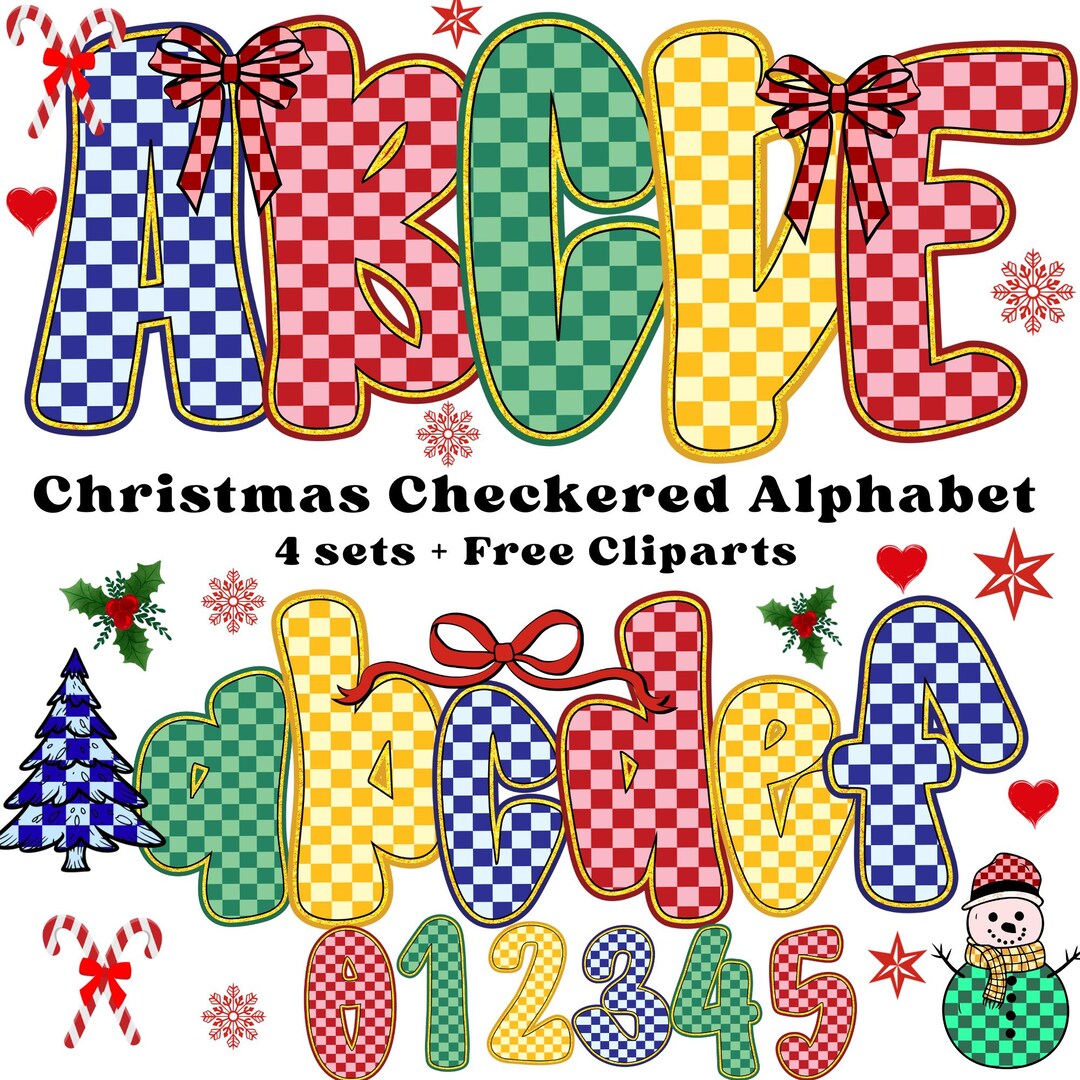 Plaid Checkered Merry Christmas Alphabet PNG Bundle, Red Green Plaid ...