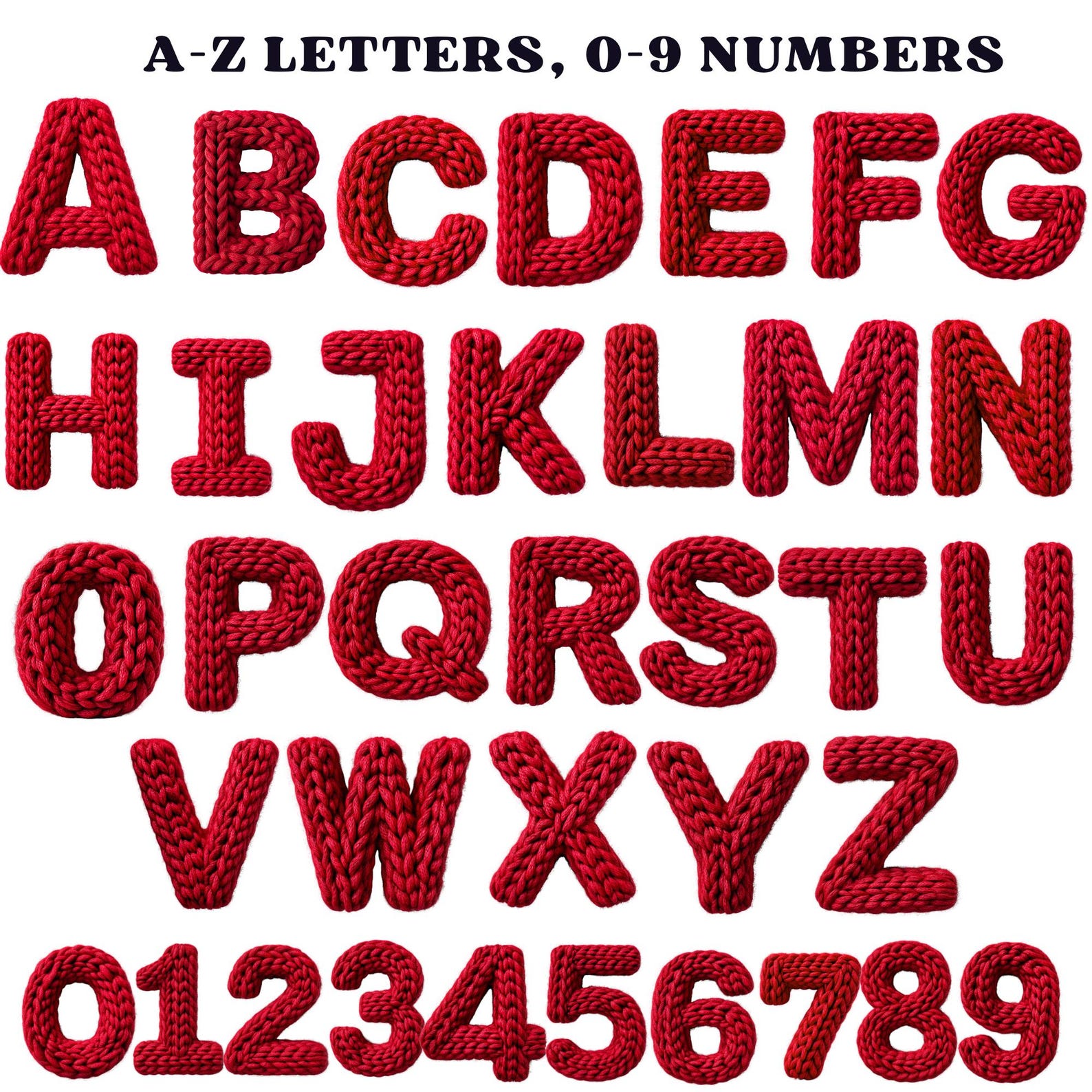 Red Knitted Alphabet Clipart, Cozy Yarn Letters A-Z & Numbers 0-9 ...