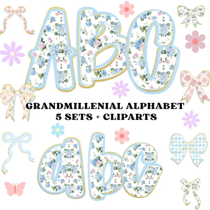 Grandmillennial Floral Alphabet PNG Bundle: Hand-lettered Clipart - Etsy