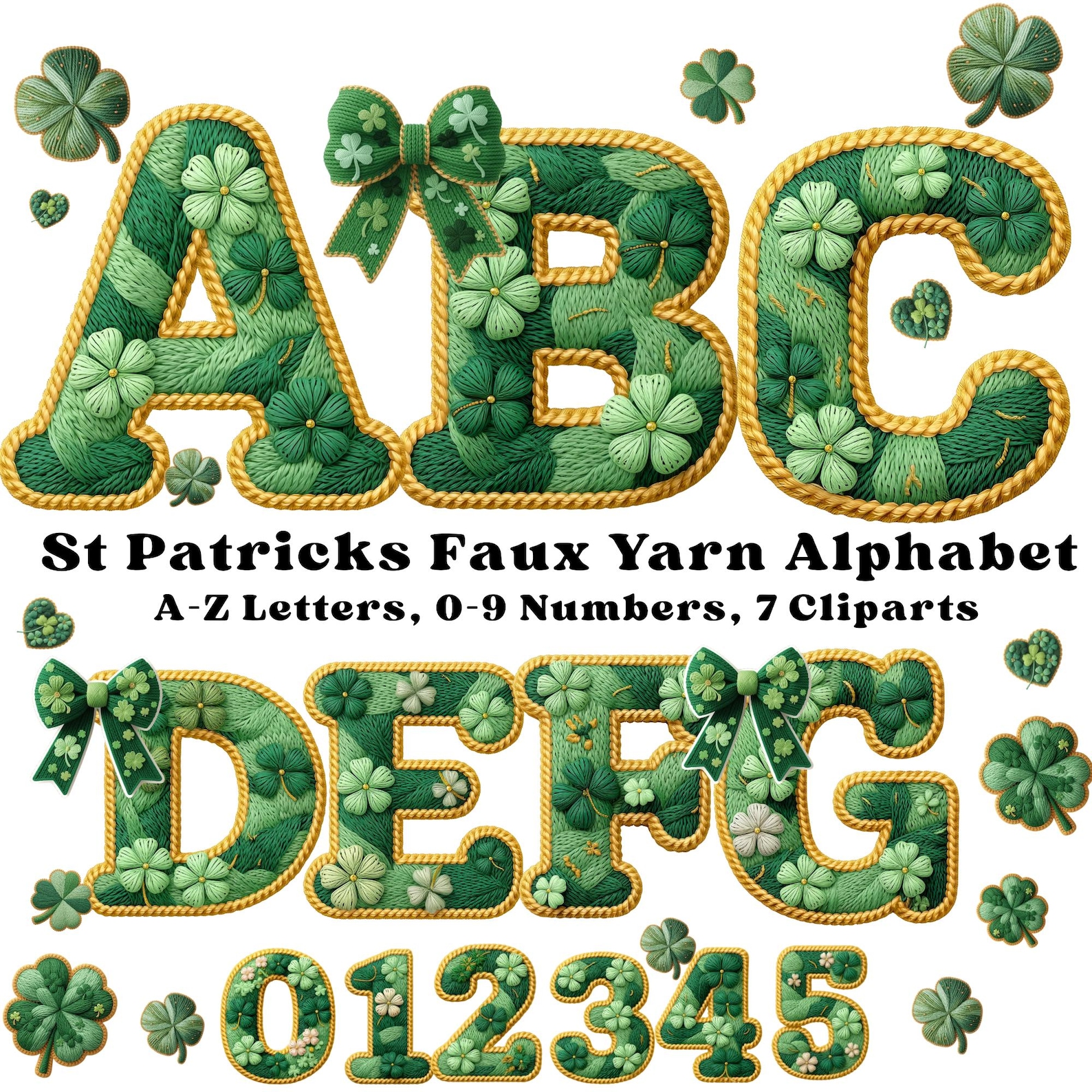 St Patricks PNG Faux Yarn Alphabet With Clover and Shamrock Accents, St ...