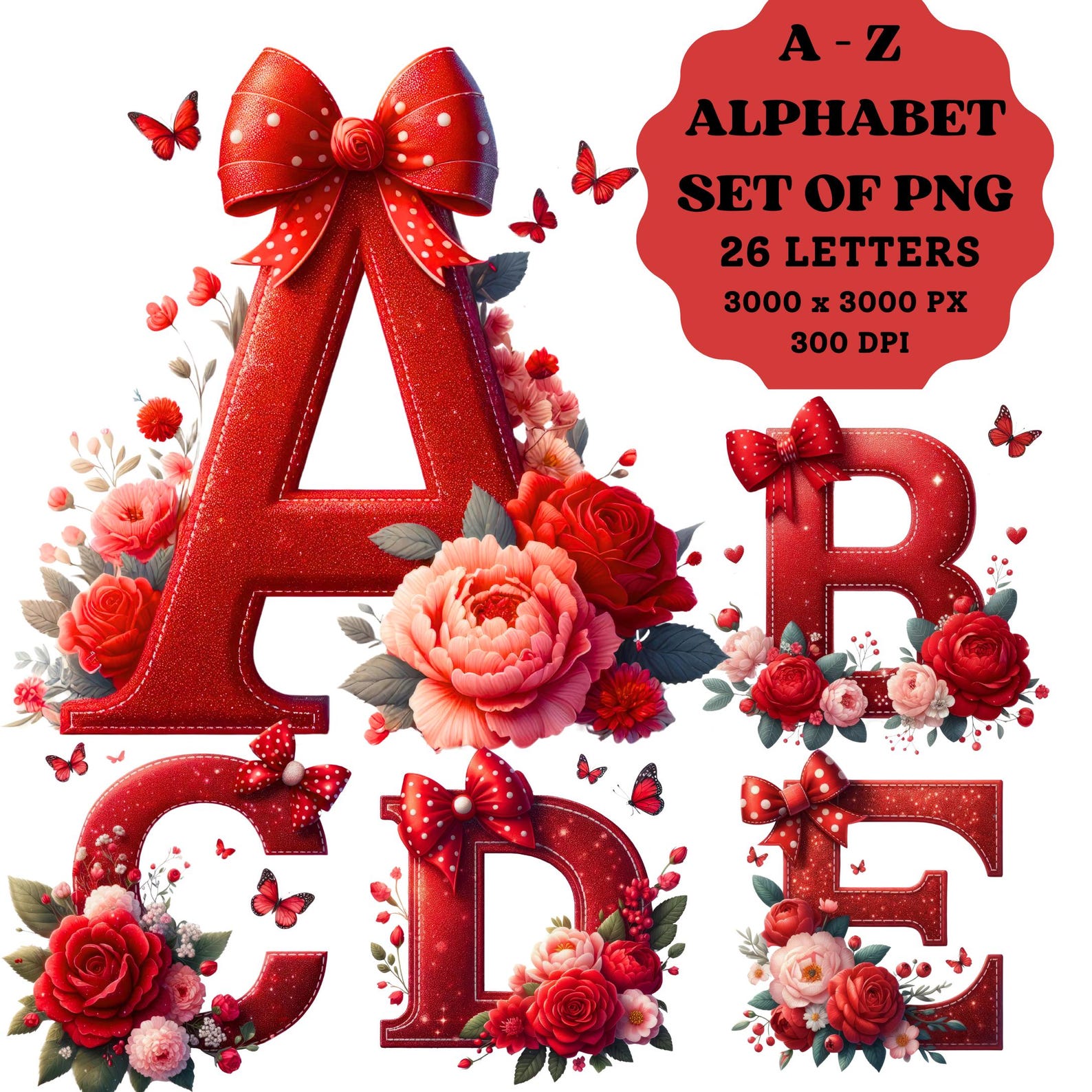 Floral Rose Alphabet PNG: Red Glitter Letters, Polka Dot Bow (digital ...