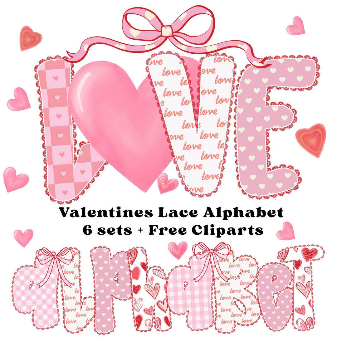 Valentine's Day Alphabet PNG Font Bundle With Hearts Bow Numbers and ...