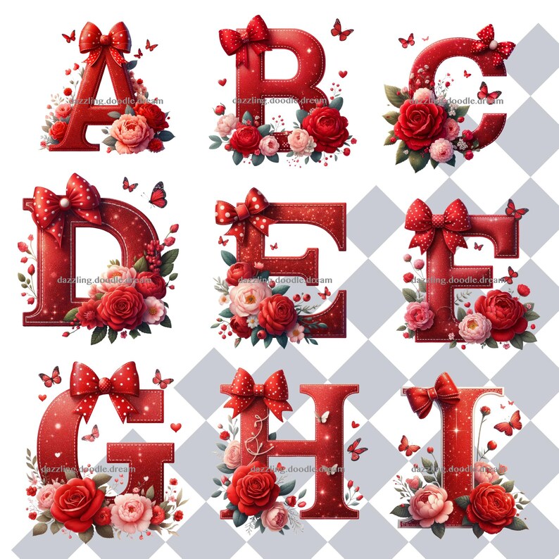 Floral Rose Alphabet PNG: Red Glitter Letters, Polka Dot Bow (digital ...