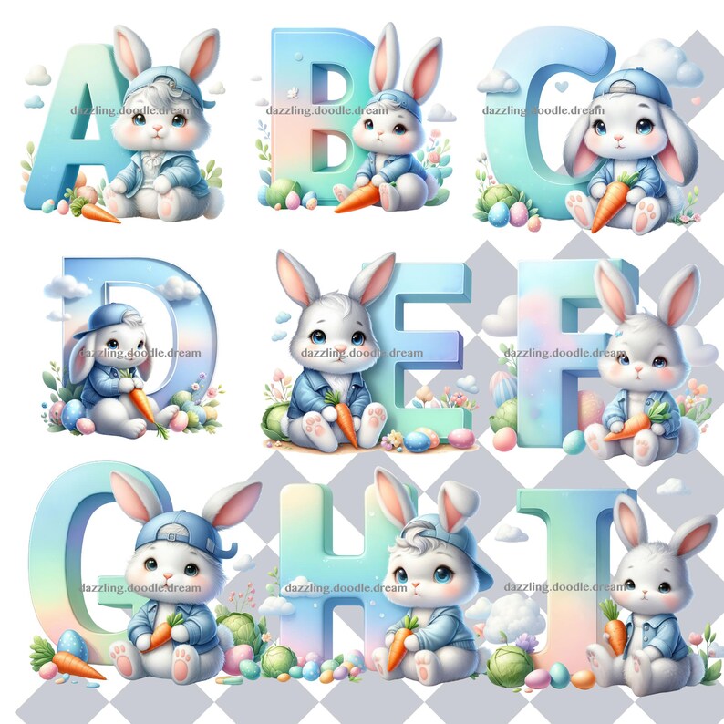Easter Bunny Alphabet PNG: Kids Font, Numbers, Clipart (digital ...