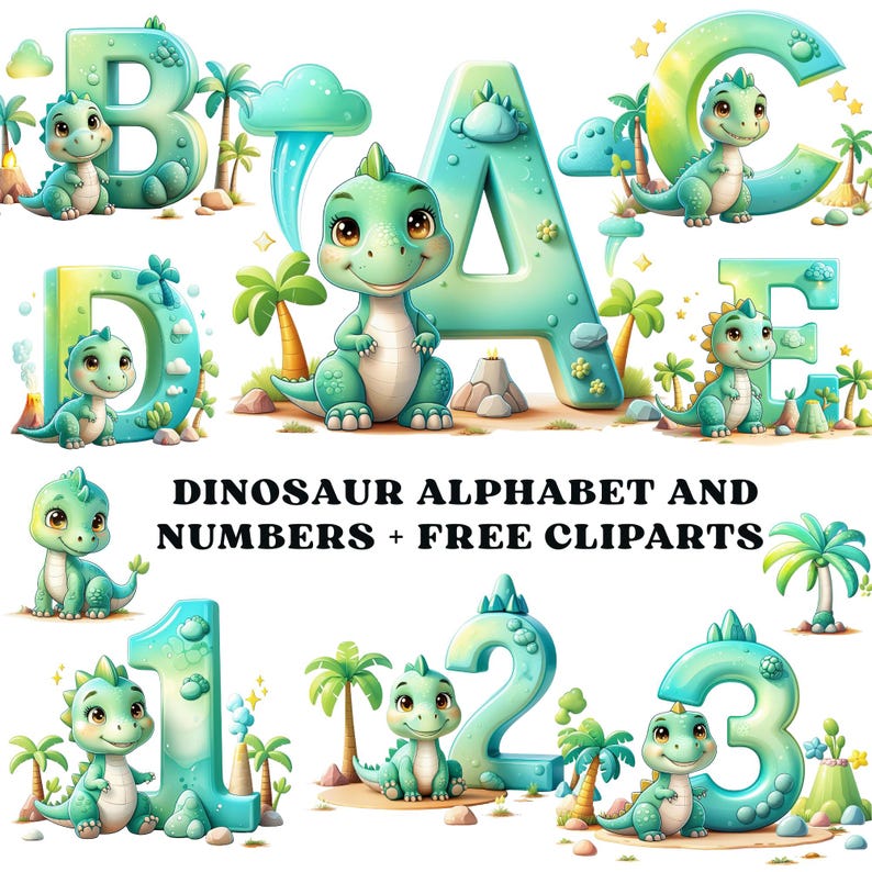 Dinosaur Alphabet PNG Bundle, Dino Letters & Numbers Clipart, School ...