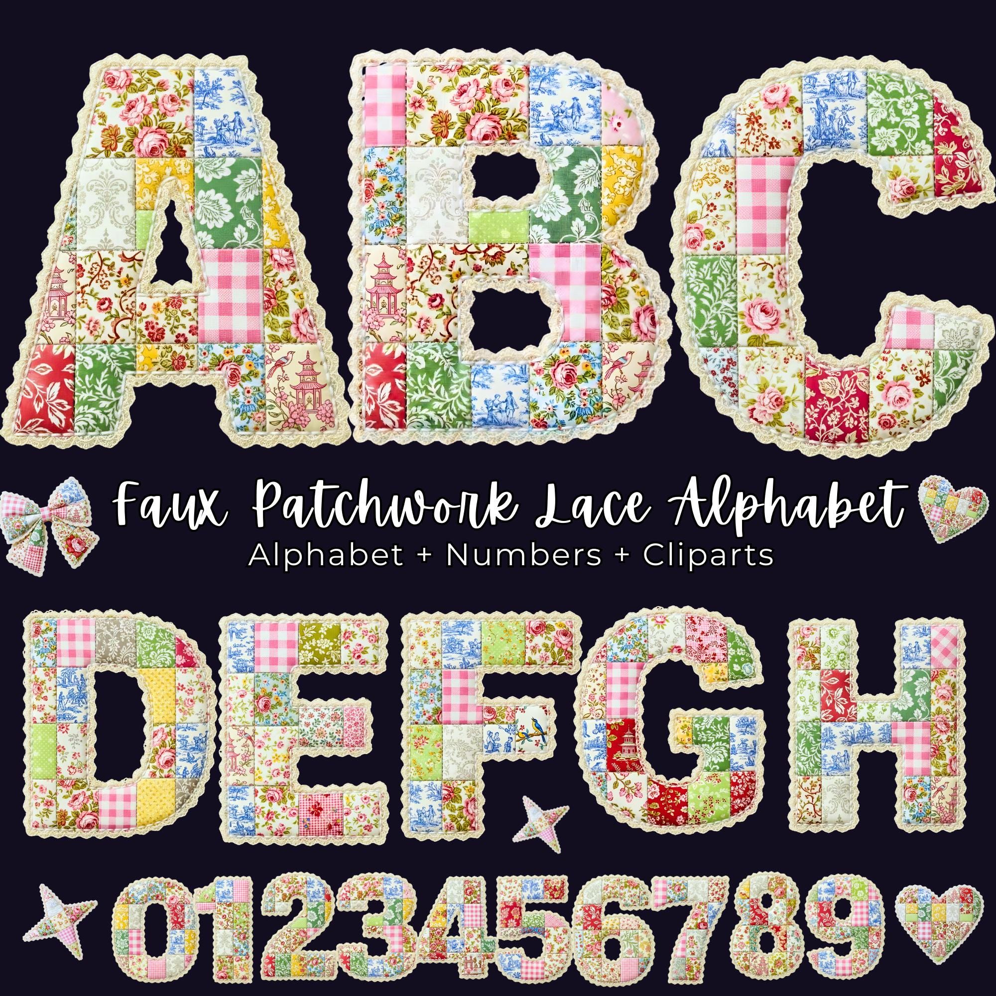Faux Patchwork Lace Alphabet PNG Bundle, Cottagecore Floral Letters ...