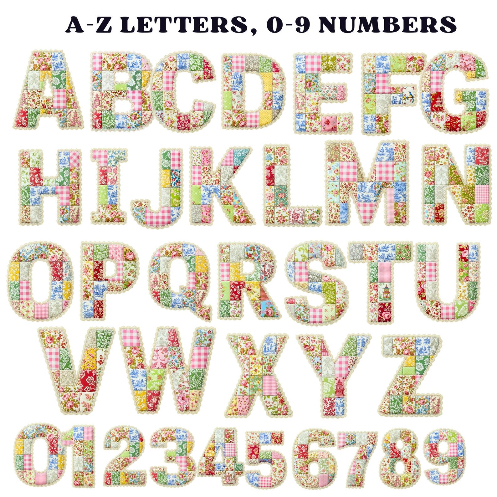 Faux Patchwork Lace Alphabet PNG Bundle, Cottagecore Floral Letters ...