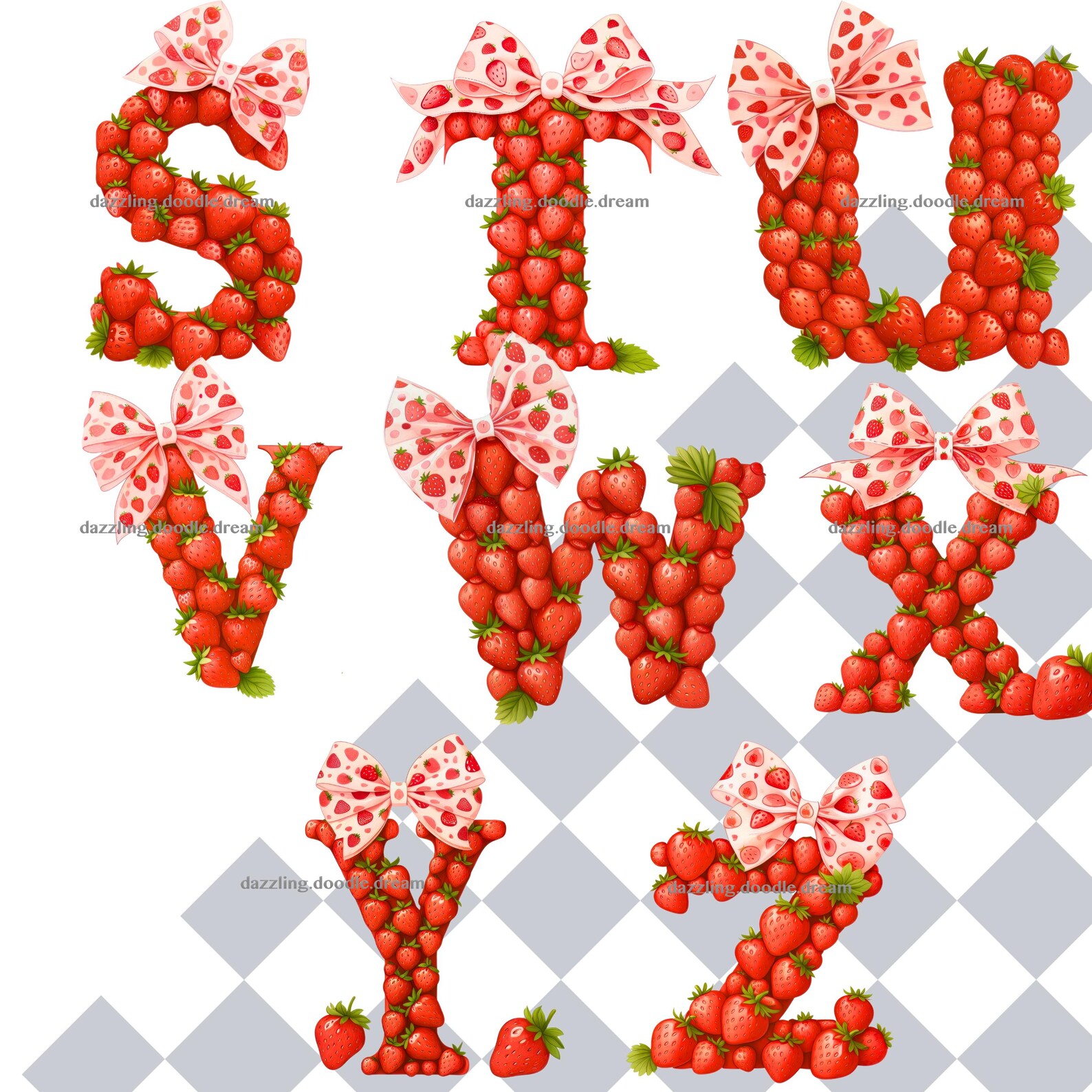 Strawberry Alphabet Clipart: Coquette Bow Letters (PNG Digital Download ...