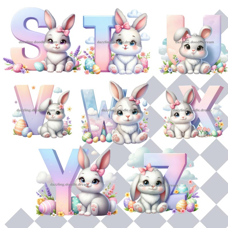 Watercolor Easter Bunny Alphabet Clipart: Kids Birthday Decor (PNG) - Etsy
