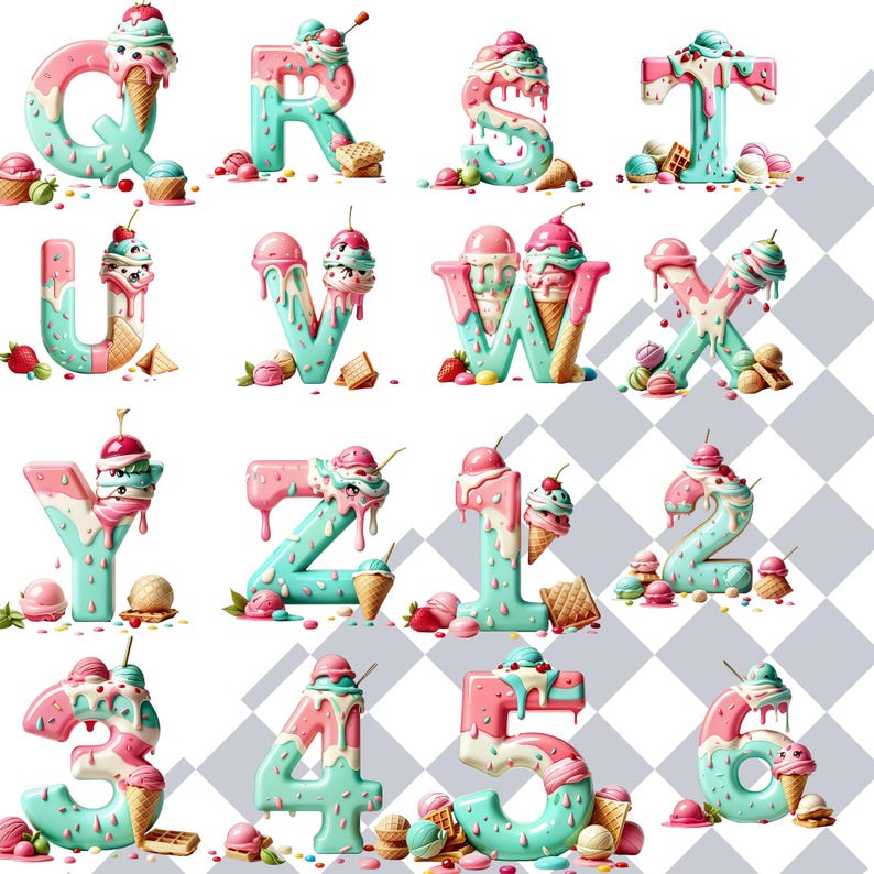 Ice Cream Letters & Numbers PNG Bundle: Birthday Party Clipart (digital ...