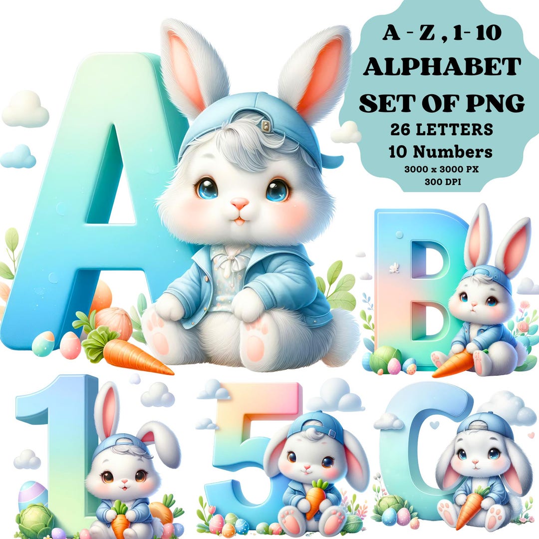Easter Bunny Alphabet PNG: Kids Font, Numbers, Clipart (digital ...