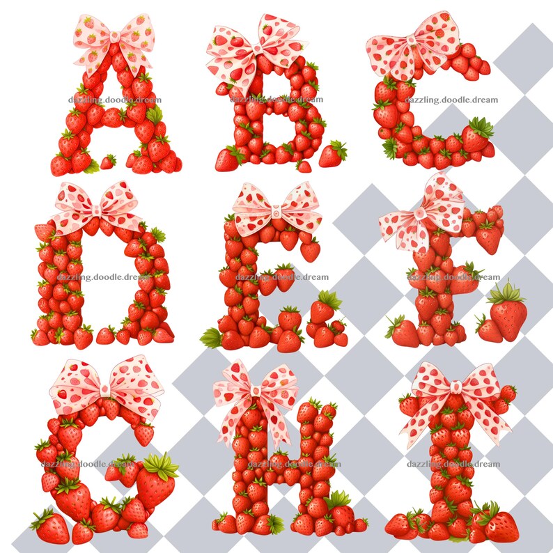 Strawberry Alphabet Clipart: Coquette Bow Letters (PNG Digital Download ...