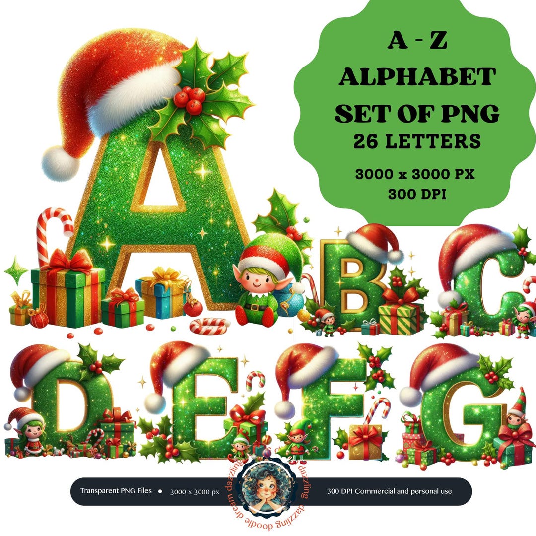 Christmas Elf Alphabet PNG: Glitter Green & Gold Letters (digital ...