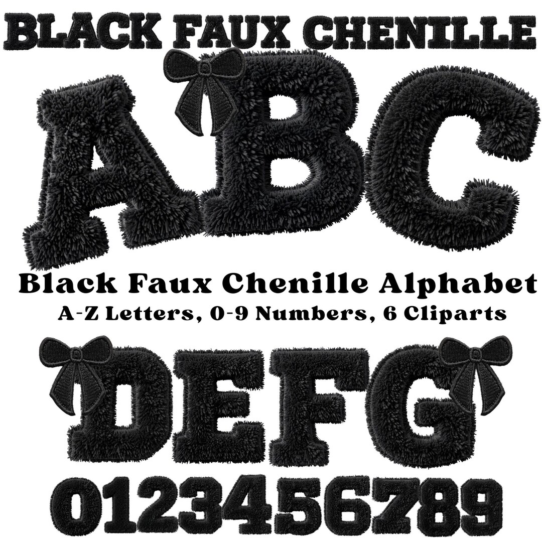 Black Faux Chenille Alphabet PNG, Varsity Patch Letters A–Z, Numbers 0 ...