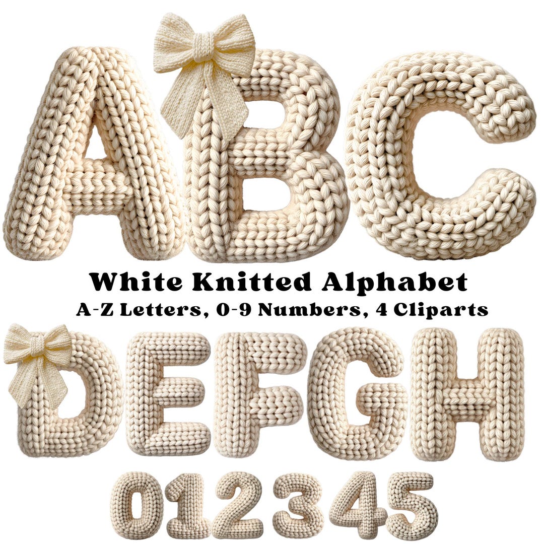 White Knitted Alphabet Clipart, Cozy Yarn Letters A-Z & Numbers 0-9 ...