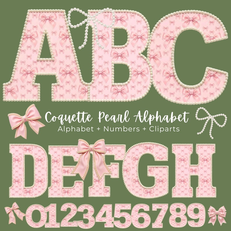 Coquette Pearl Alphabet PNG Bundle, Vintage Shabby Chic Pink Bow ...
