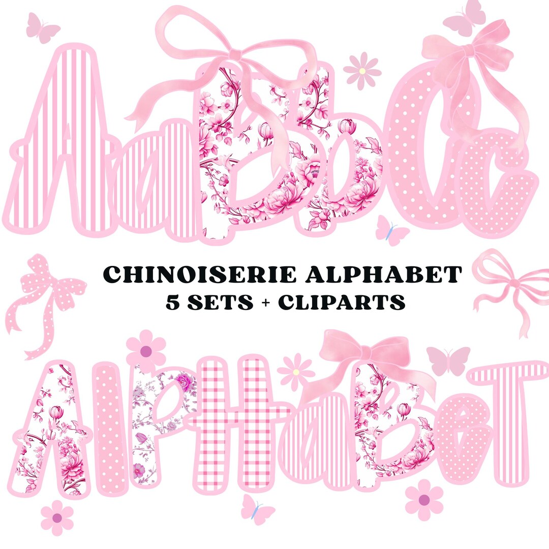 Floral Letters, Pink Chinoiserie, Grandmillenial Png, Doodle Alphabet ...