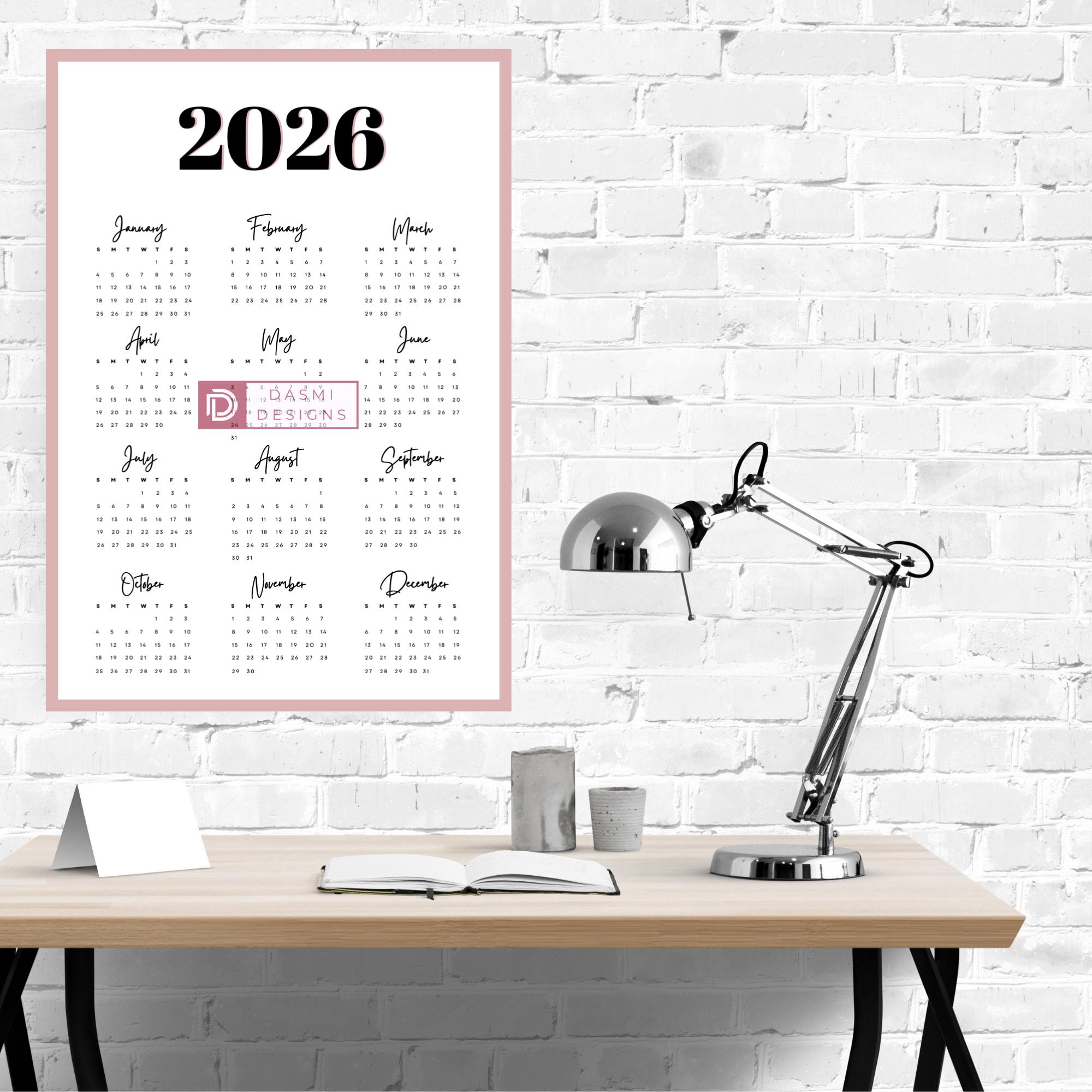 2026 Full Year Poster Calendar With Borders in Multiple Colours ...