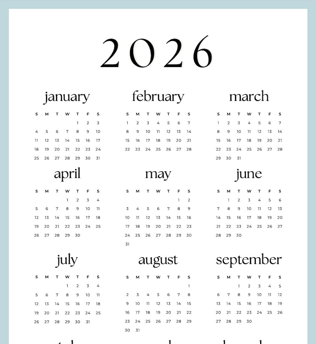 2026 Full Year Poster Calendar With Borders in Multiple Colours ...