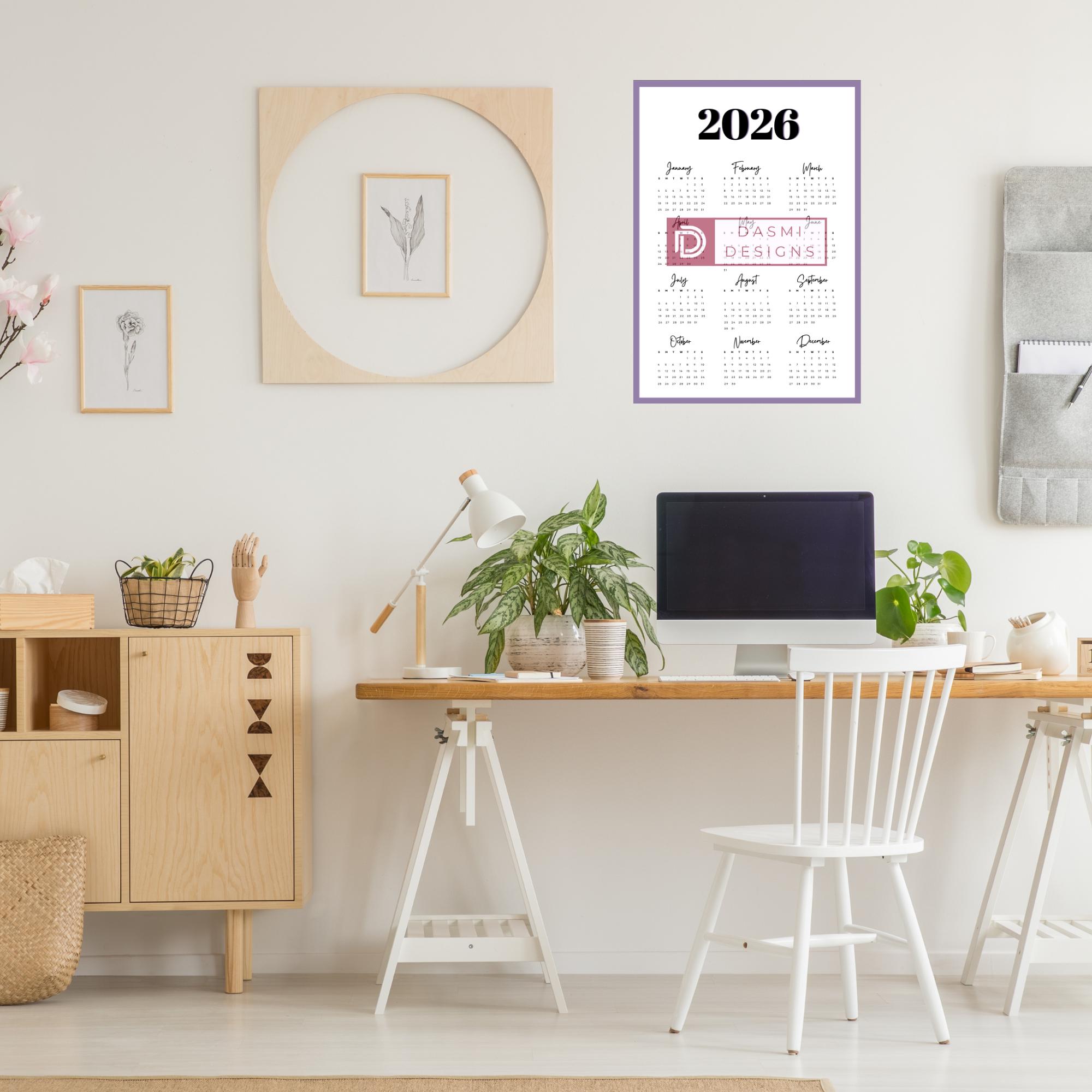 2026 Full Year Poster Calendar With Borders in Multiple Colours ...