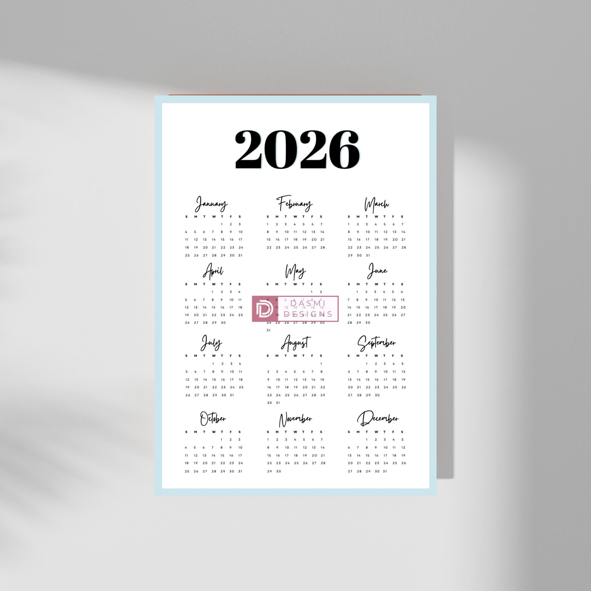 2026 Full Year Poster Calendar With Borders in Multiple Colours ...