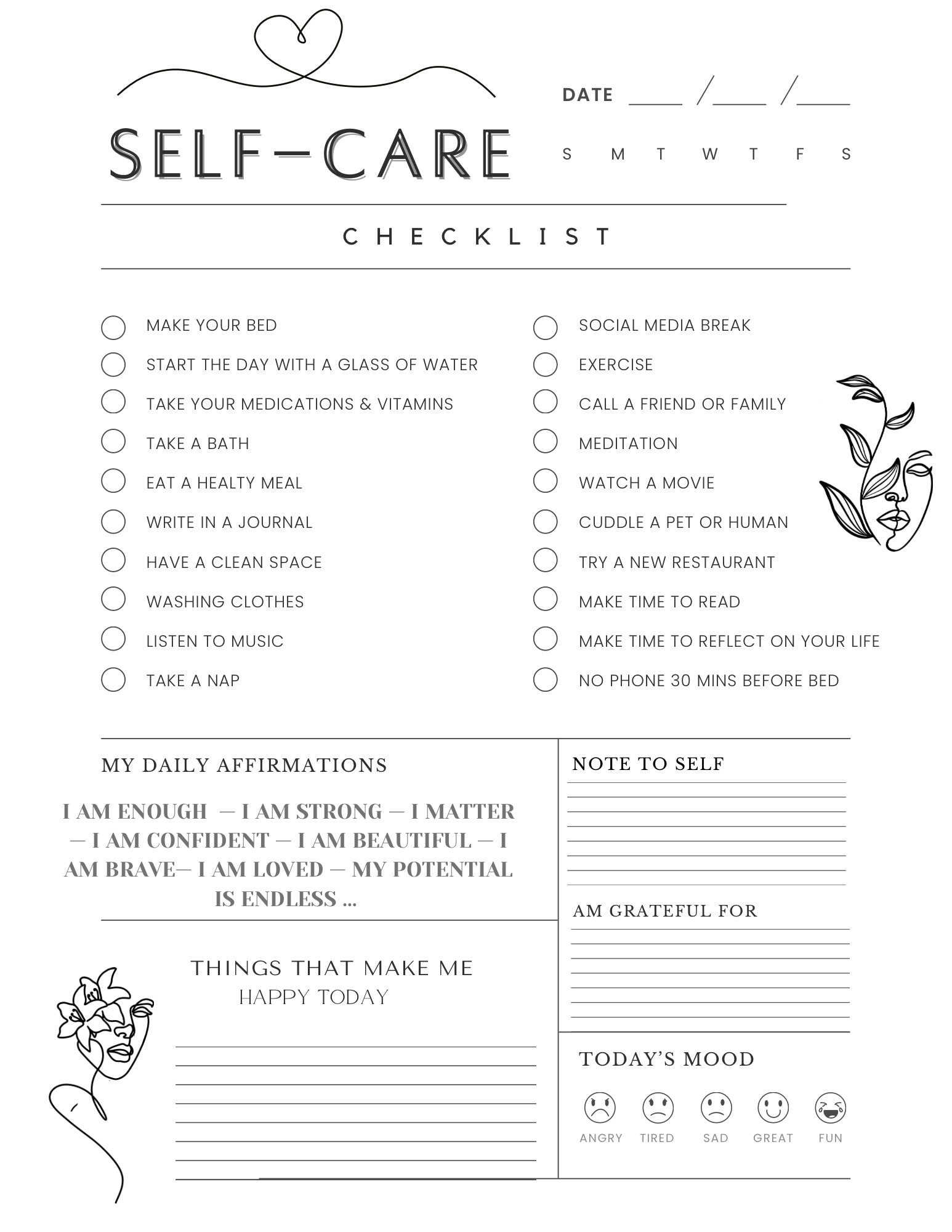 Daily to Do List , Self Care Checklist , Printable Planner , Aesthetic ...