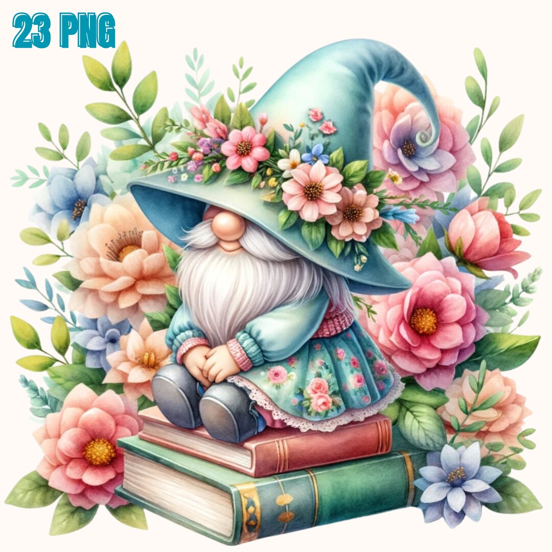 Garden Gnome Clipart, Spring Gnome, Book Flower Gnome, Garden Clipart ...