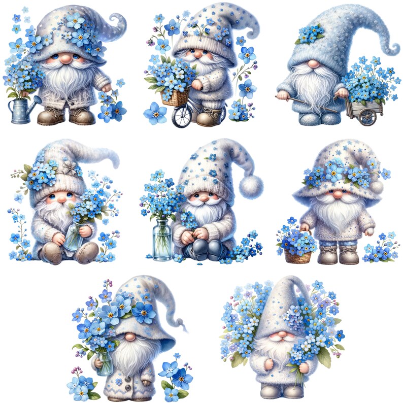 Flower Forget Me Not Gnome Clipart Bundle Png, Garden Clipart, Spring ...