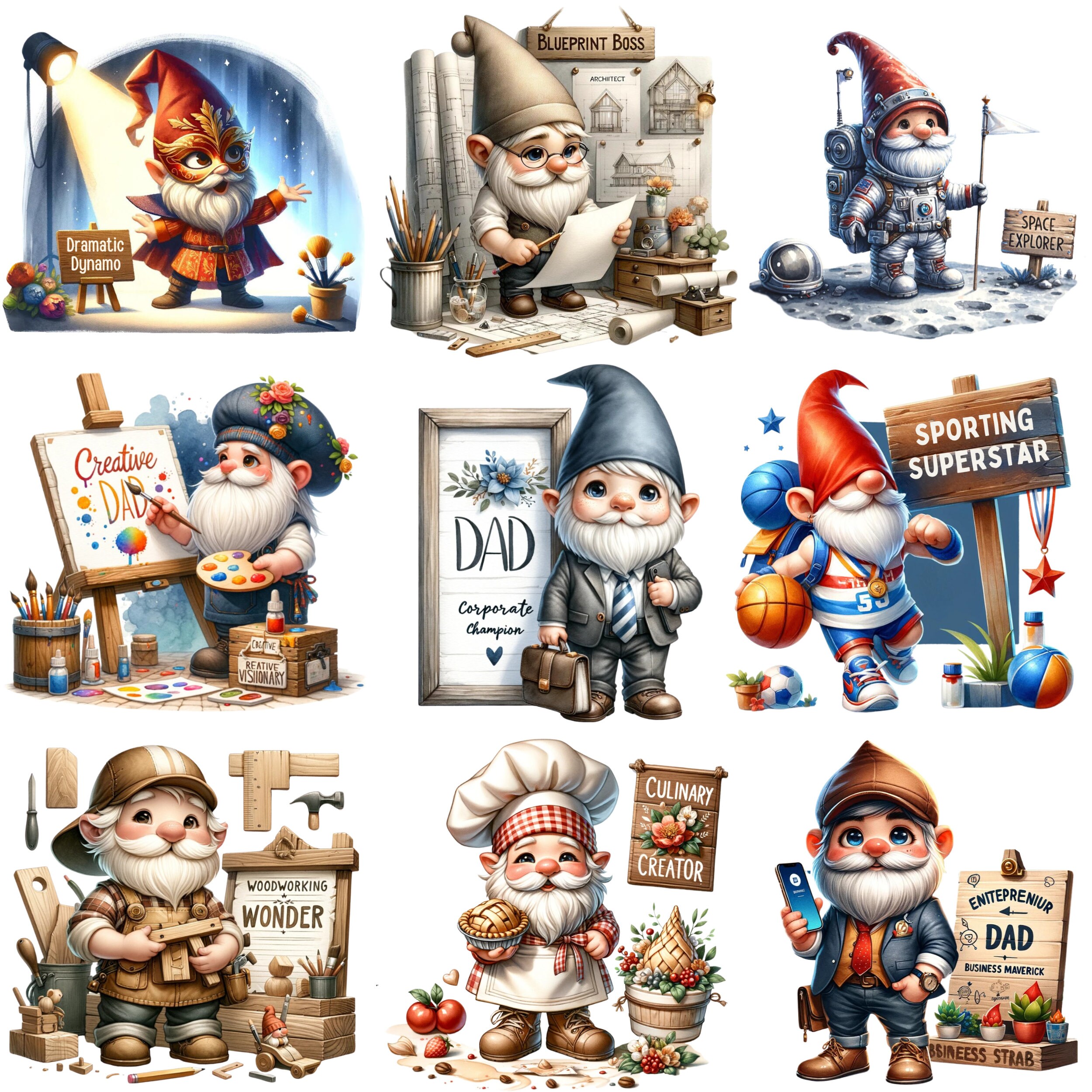 Watercolor Father's Day Gnomes PNG Clipart Bundle, Gnome Dad Son PNG ...
