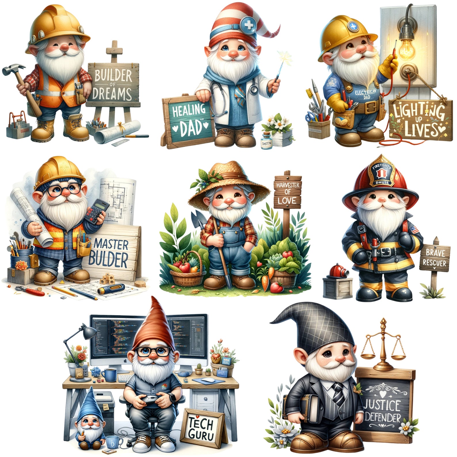 Watercolor Father's Day Gnomes PNG Clipart Bundle, Gnome Dad Son PNG ...