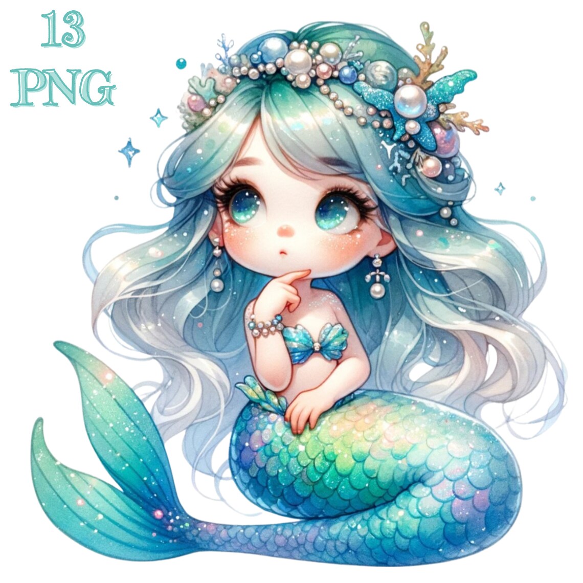 Blue Mermaid Clipart, Whimsical Little Mermaid Clipart, Gnomes Mermaid ...