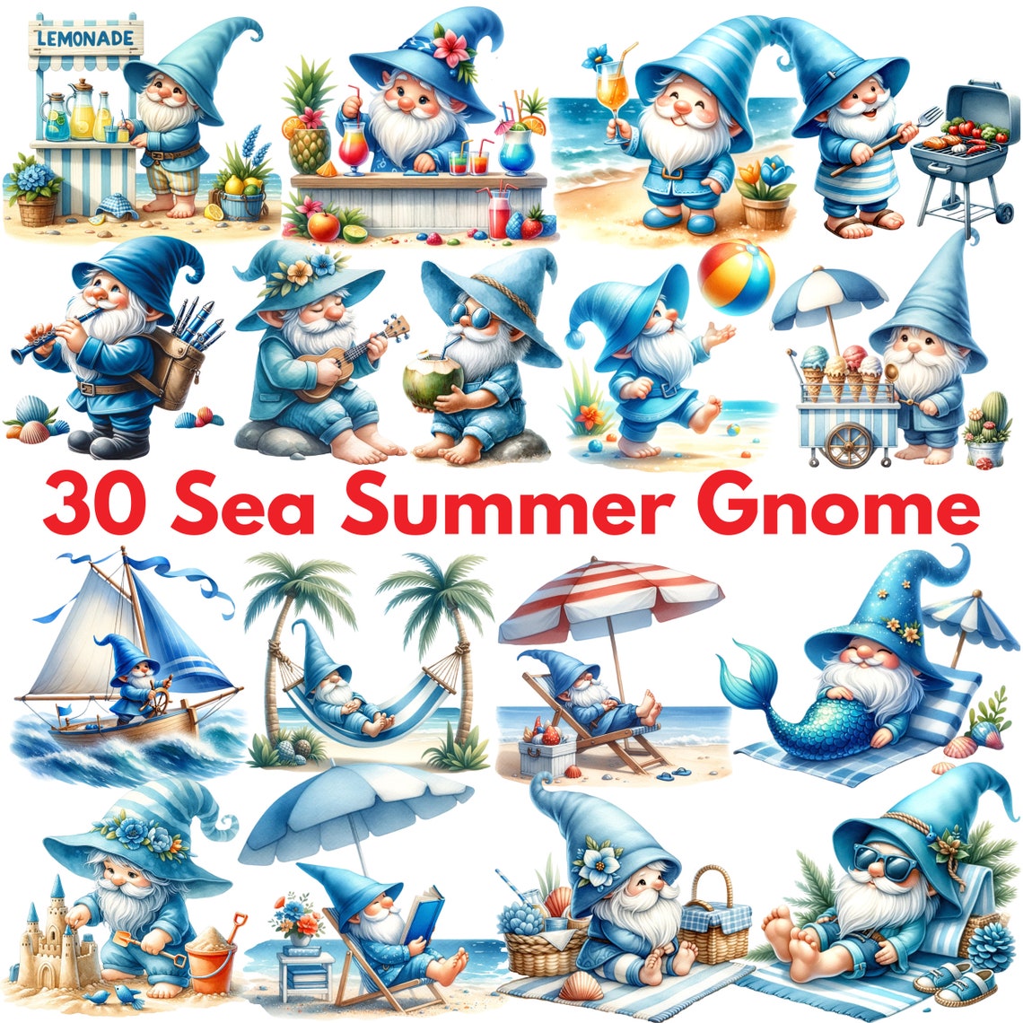 Summer Beach Gnome Watercolor Clipart Png, Sea Summer Gnome, Nature ...
