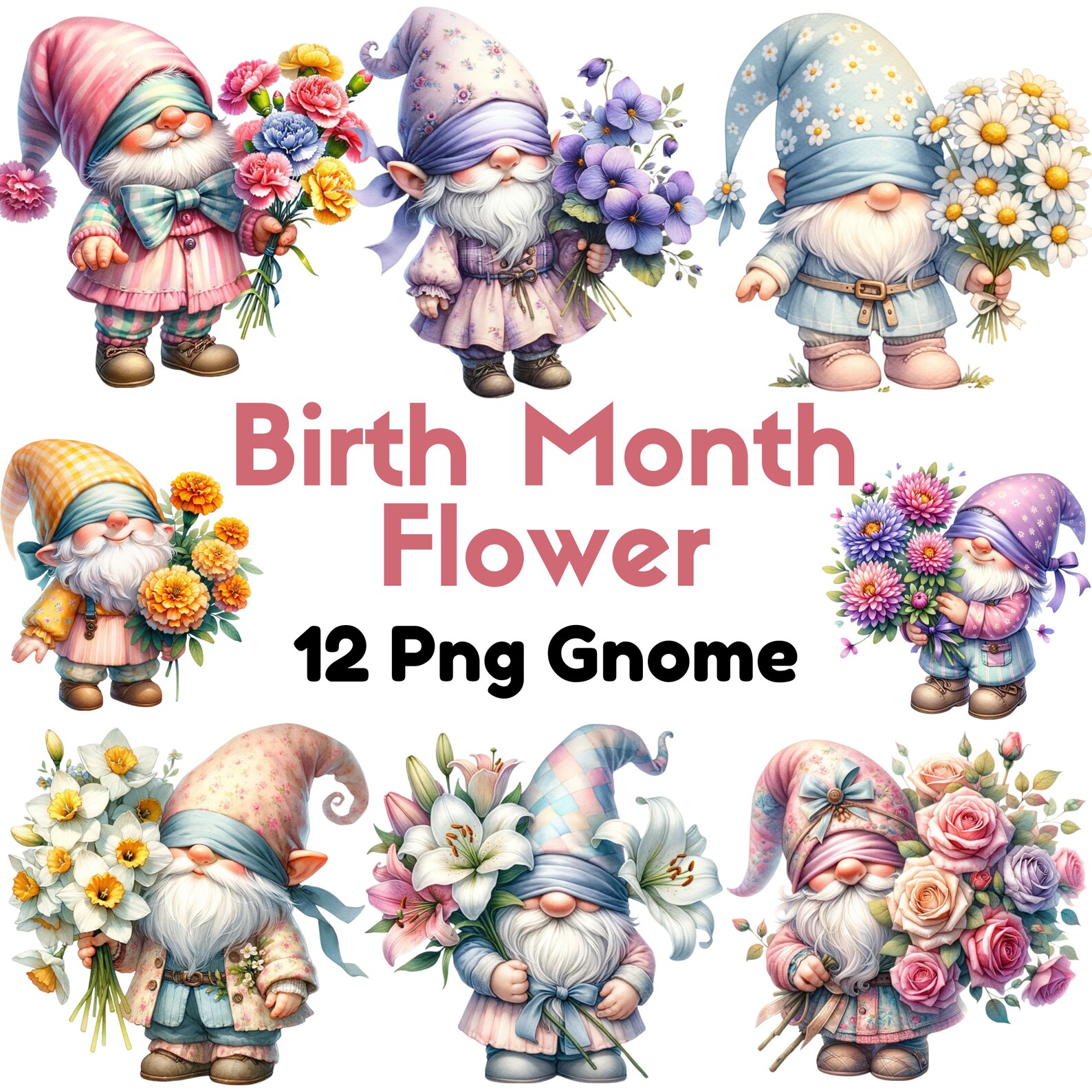 Birth Month Flower Gnome Watercolor Clipart, Birth Month Flower, Flower ...