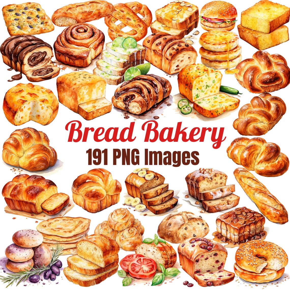 Baked Bakery Clipart Watercolor, Bread Clipart, Bakery Clipart, French ...