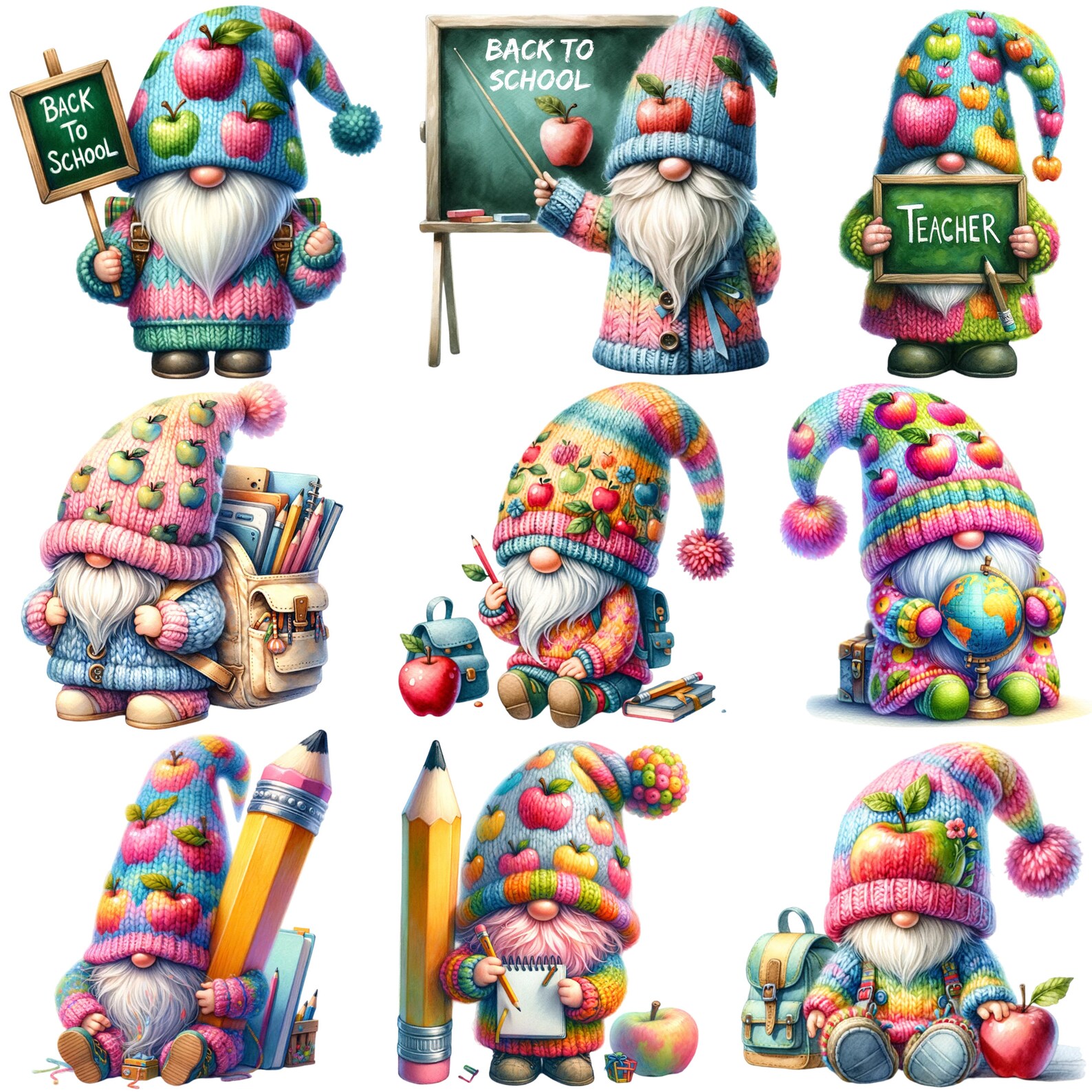 Back to School Gnome Clipart Bundle, Watercolor Gnomes PNG, Graduation ...